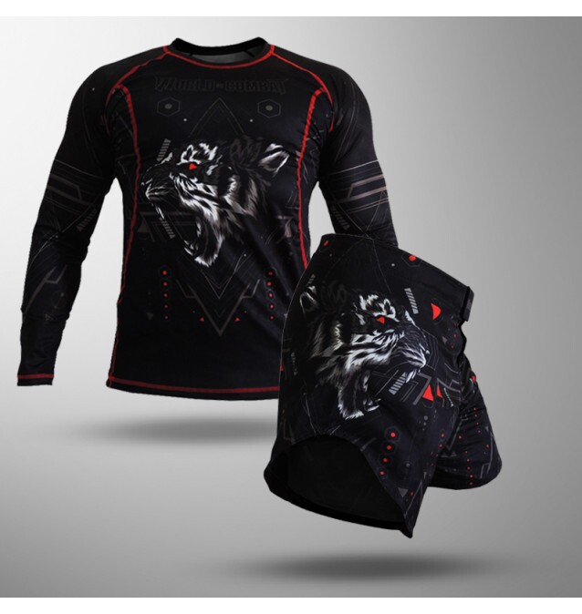 Kit World Combat Black Tiger Rash Guard + Short Fight